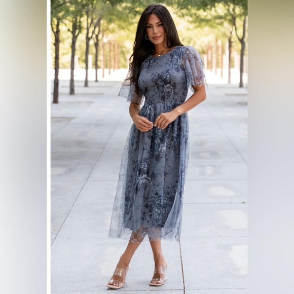 Baltic Born | Dresses | Baltic Born Slate Blue Lace Midi Dress | Poshmark